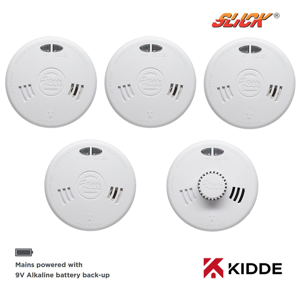Kidde Slick 4x 2SFW Optical Smoke & 1x 3SFW Heat Alarm Kit Mains Power ...