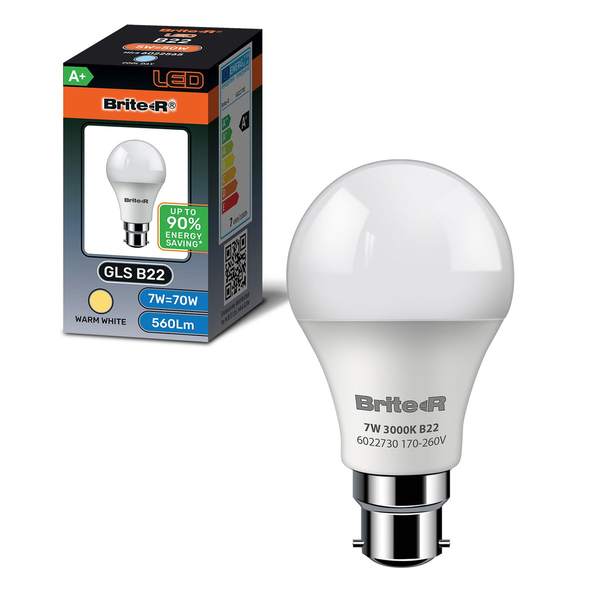 Brite-R 7W B22 BC GLS LED Bulb Warm White 3000K — B2Belectrical.com