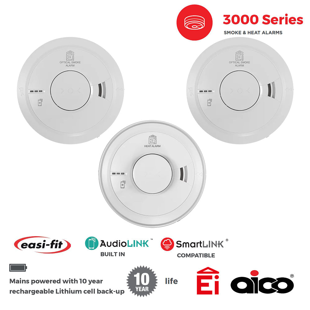 Aico 2x Ei3016 Optical Smoke & 1x Ei3014 Heat Alarm Kit Mains Powered ...