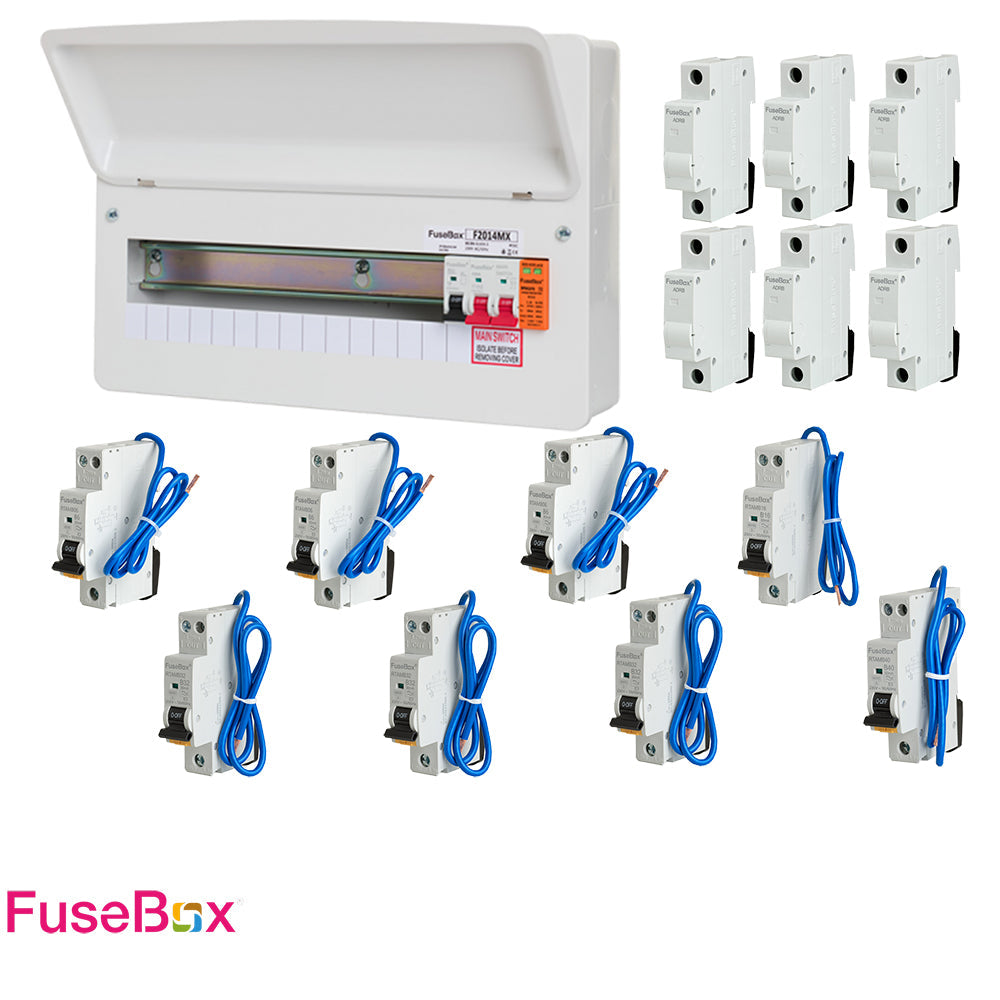 FuseBox F2014MX 14 Way T2 SPD Consumer Unit + 8 Type A Mini RCBOs & 6x ...