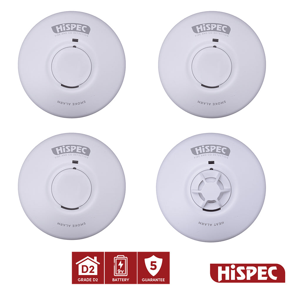HiSPEC Mains Powered INTERCONNECTABLE 3x Smoke & 1x Heat Alarm with 9V ...