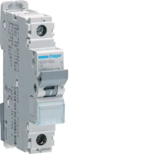 Hager NDN106A 6A SP 1 Module D Curve MCB | 10kA/15kA Protection ...