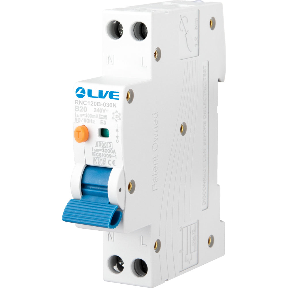 LIVE Electrical RNC120B-100N 1P+N 20A B Curve 6kA 100mA |Type A RCBO Bi ...