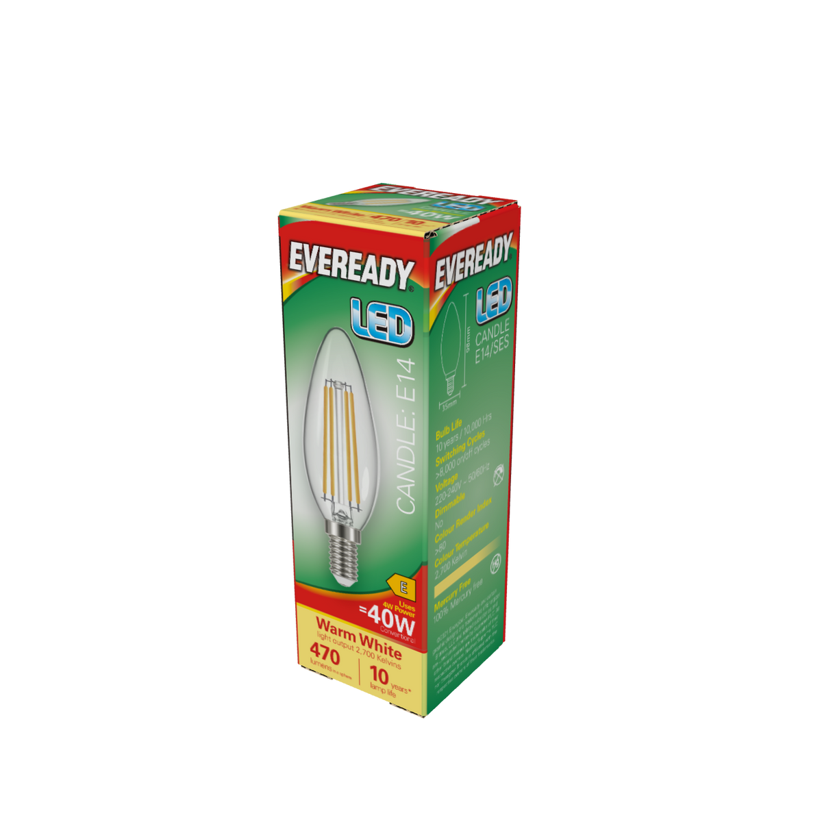 Eveready S15478 E14 SES Candle Filament Clear LED Bulb 4W 470lm Warm W ...