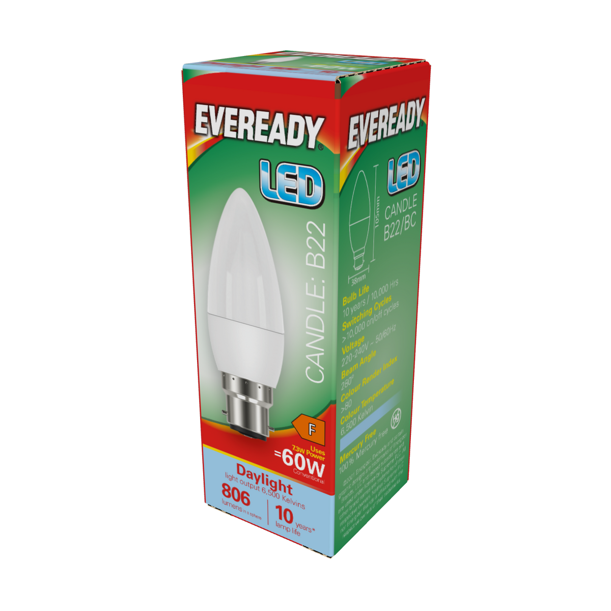 Eveready S17378 B22 BC Candle LED Bulb Opal 7.3W 806lm Daylight 6500K ...