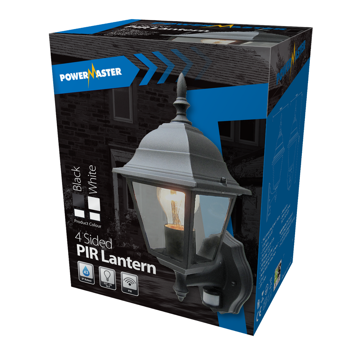 Powermaster S5904 IP43 4-Sided PIR Lantern - Black — B2Belectrical.com